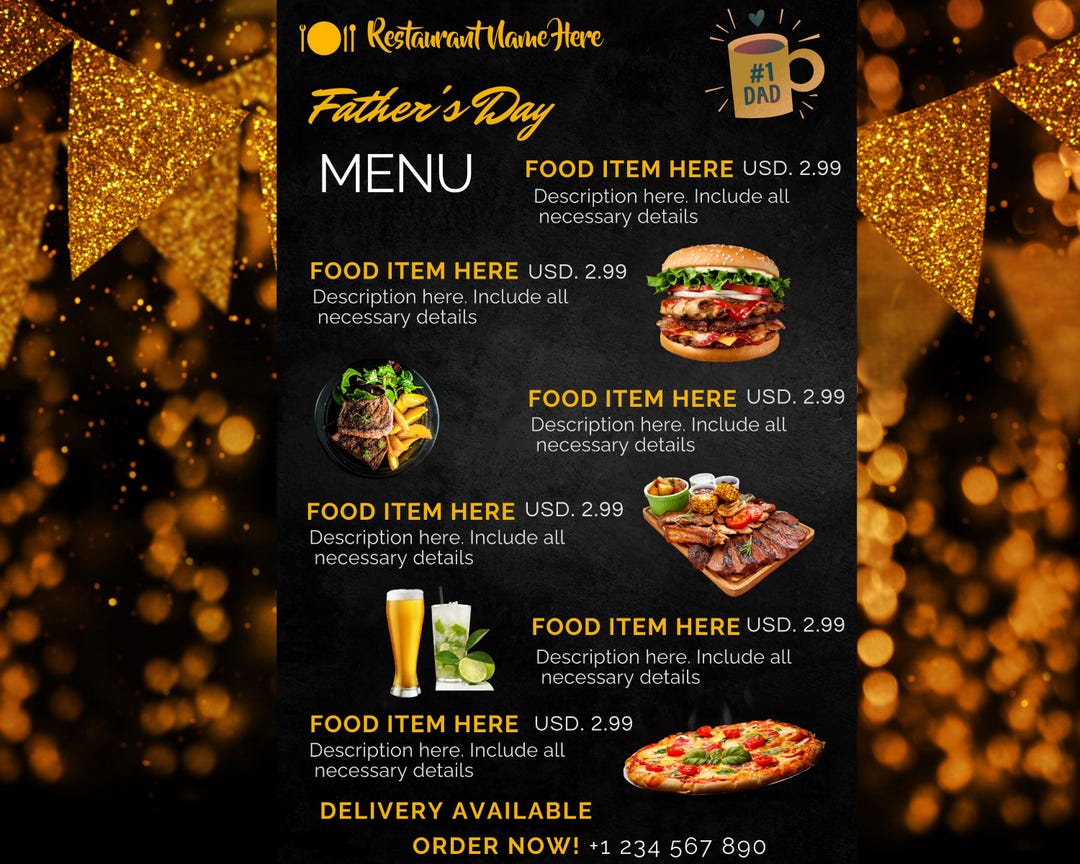 Father’s Day Menu Template | Editable Canva Poster | BBQ Brunch Sign ...