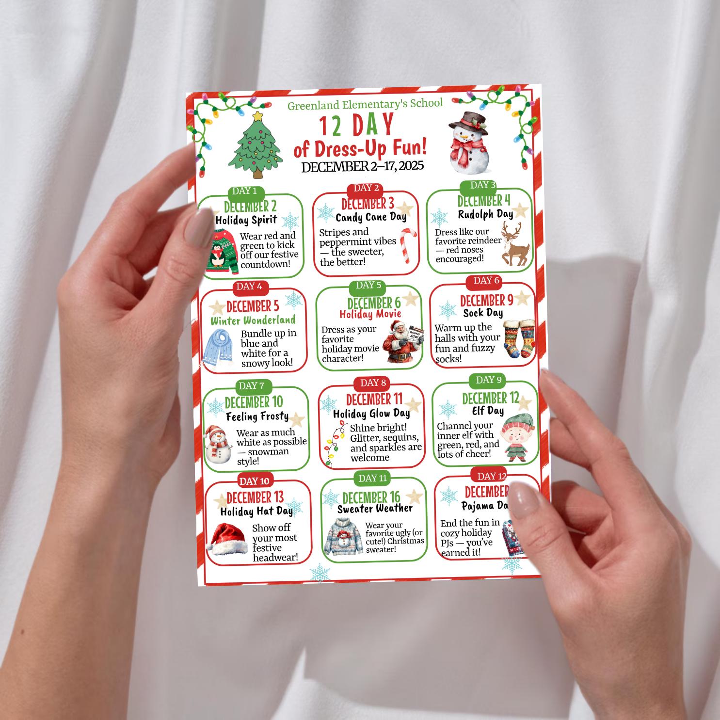 12 Days of Christmas Dress up Flyer: School Spirit Week (canva Template ...