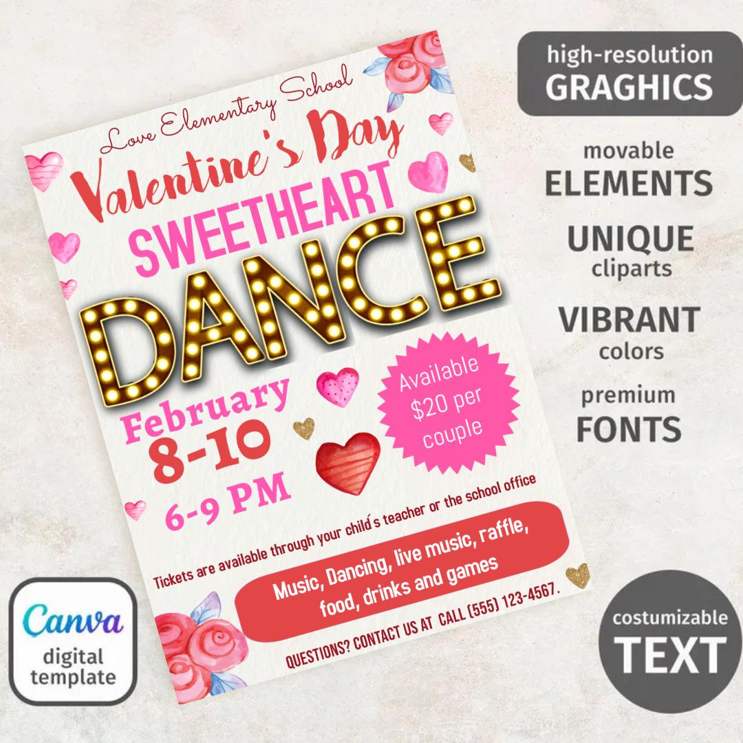 Valentine's Day Dance Flyer | School Event Canva Template (digital ...