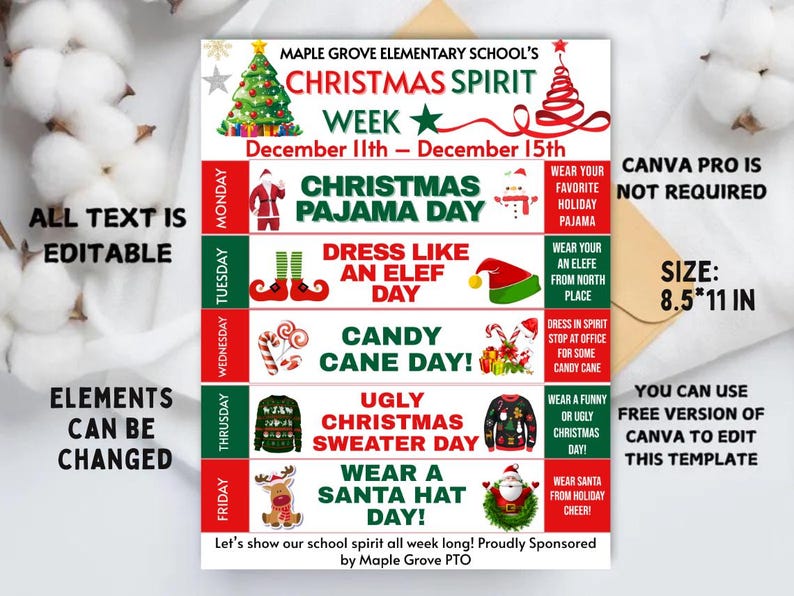 Christmas Spirit Week Flyer Template | Editable Canva Holiday Schedule ...