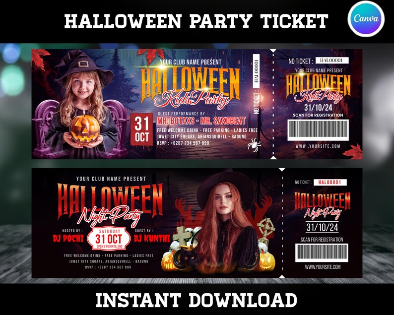 Editable Halloween Party Ticket Canva Template, Printable Event Ticket ...