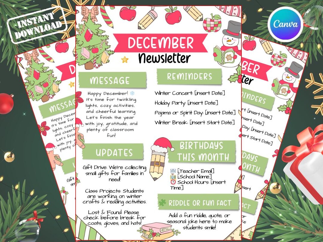 December Newsletter Template | Winter Classroom, PTO (digital Download ...