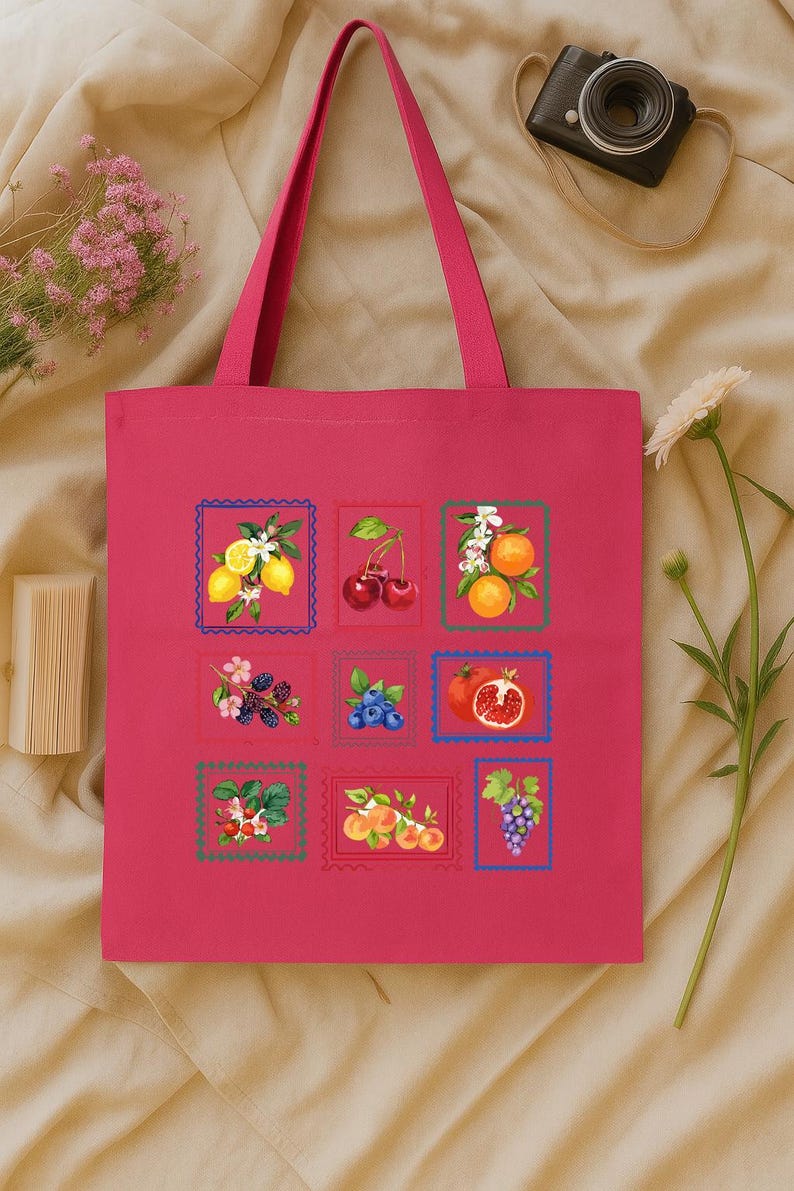 Vintage Fruit Stamp Tote Bag, Fruit Lover Tote, Retro Botanical Fruit ...