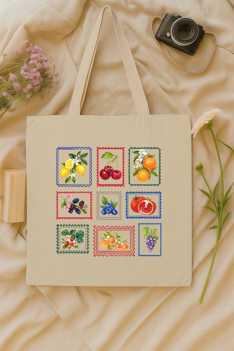 Vintage Fruit Stamp Tote Bag, Fruit Lover Tote, Retro Botanical Fruit ...