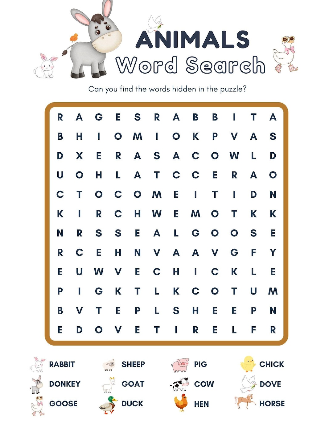 Animal Wordsearch | Puzzle - Etsy