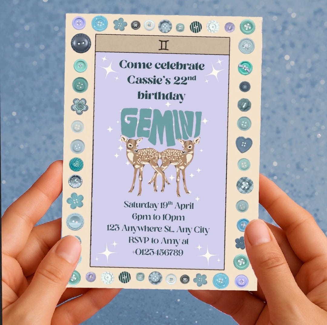 Gemini Zodiac Birthday Invitation for Parties, Gemini Twins Button ...