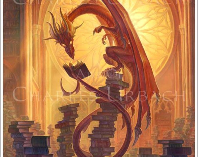 8.5"x11" Dragon Library Fantasy Art Print Magic Book Wyrm Bookworm ...