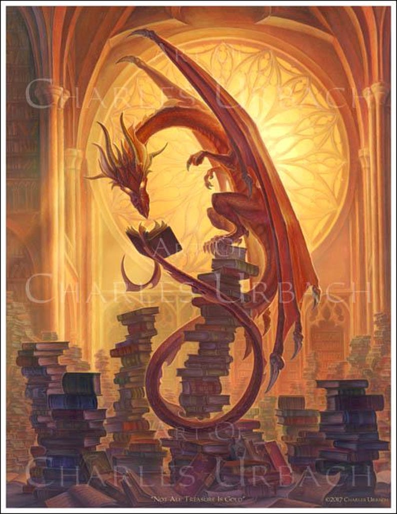 8.5"x11" Dragon Library Fantasy Art Print Magic Book Wyrm Bookworm ...