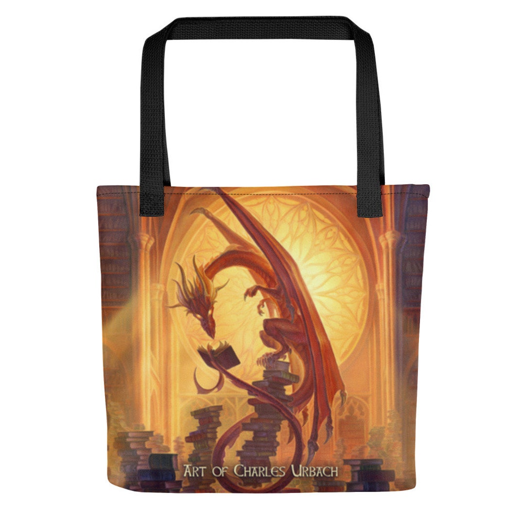 Tote Bag 15"x15" Dragon Library Fantasy Art Magic Spell Game Book Wyrm ...