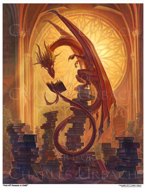 17"x22" Dragon Library Fantasy Art Print Wizard Magic Spell Book Wyrm ...