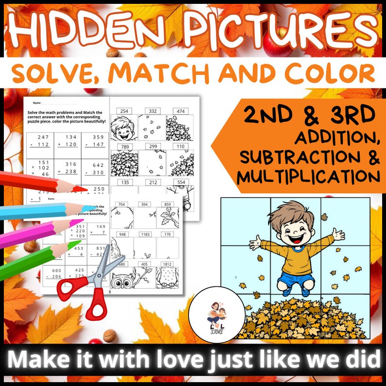 Fall Math Mystery Coloring Pages: Addition, Subtraction, Multiplication ...