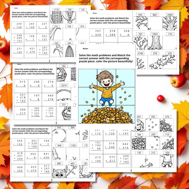 Fall Math Mystery Coloring Pages: Addition, Subtraction, Multiplication ...
