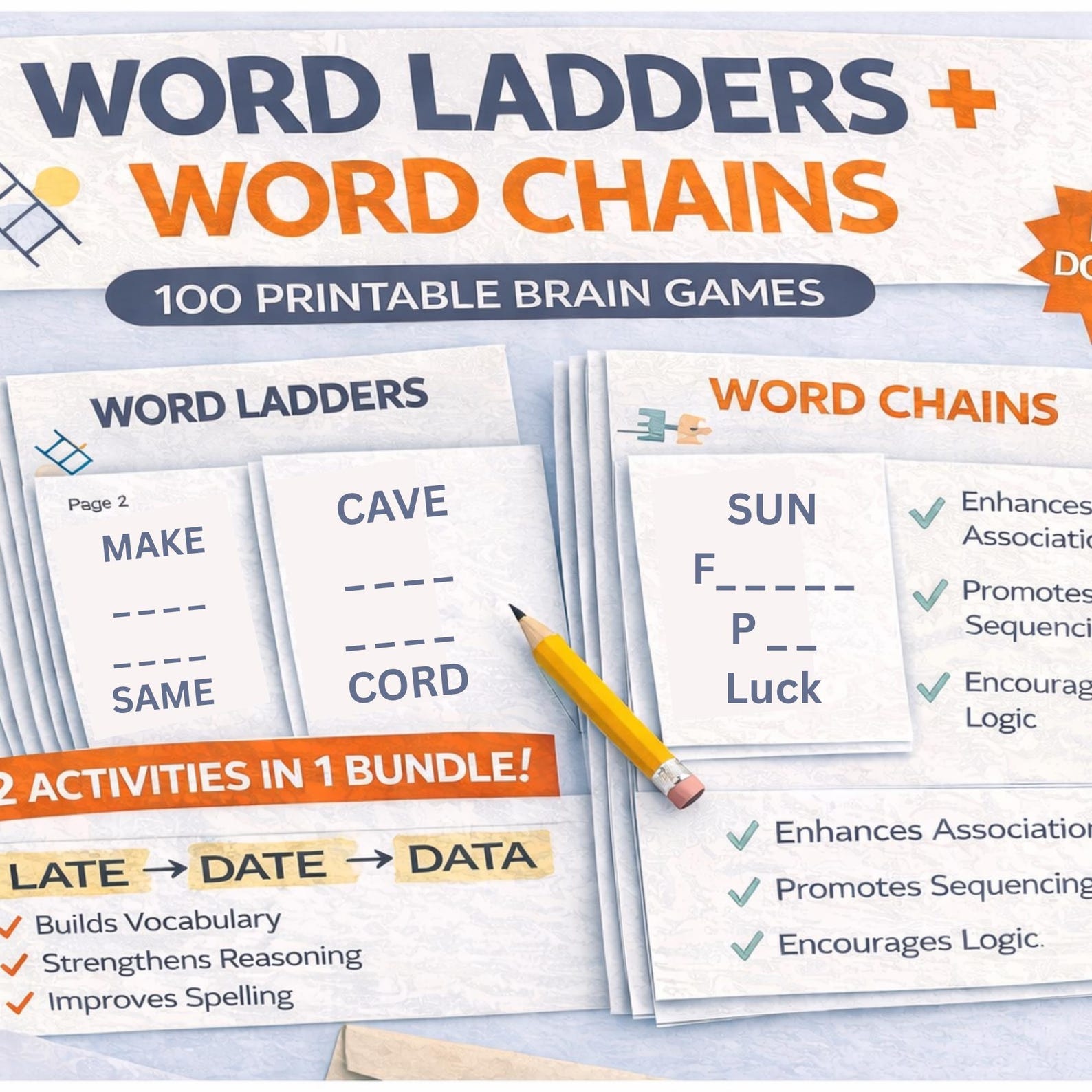 Word Ladders & Compound Word Chains Bundle | 100 Printable Brain Games ...