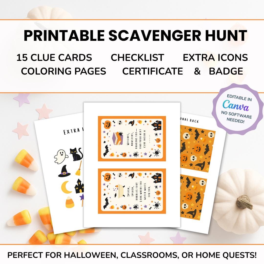 Halloween Scavenger Hunt Printable Game | Kids Party Activity | Clue ...