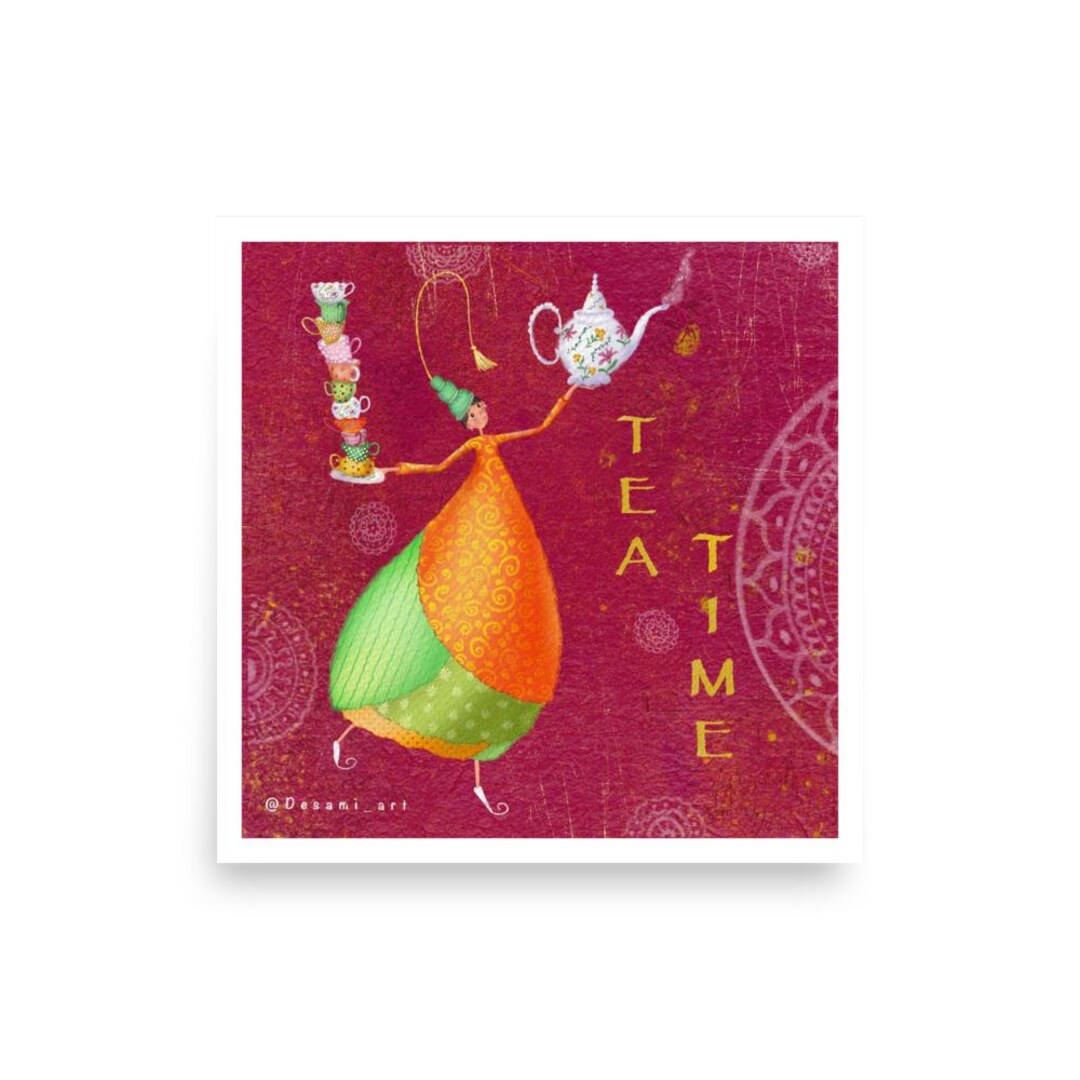 Tea Time Wall Art, Whimsical Poster of Woman With Teapot & Teacups ...