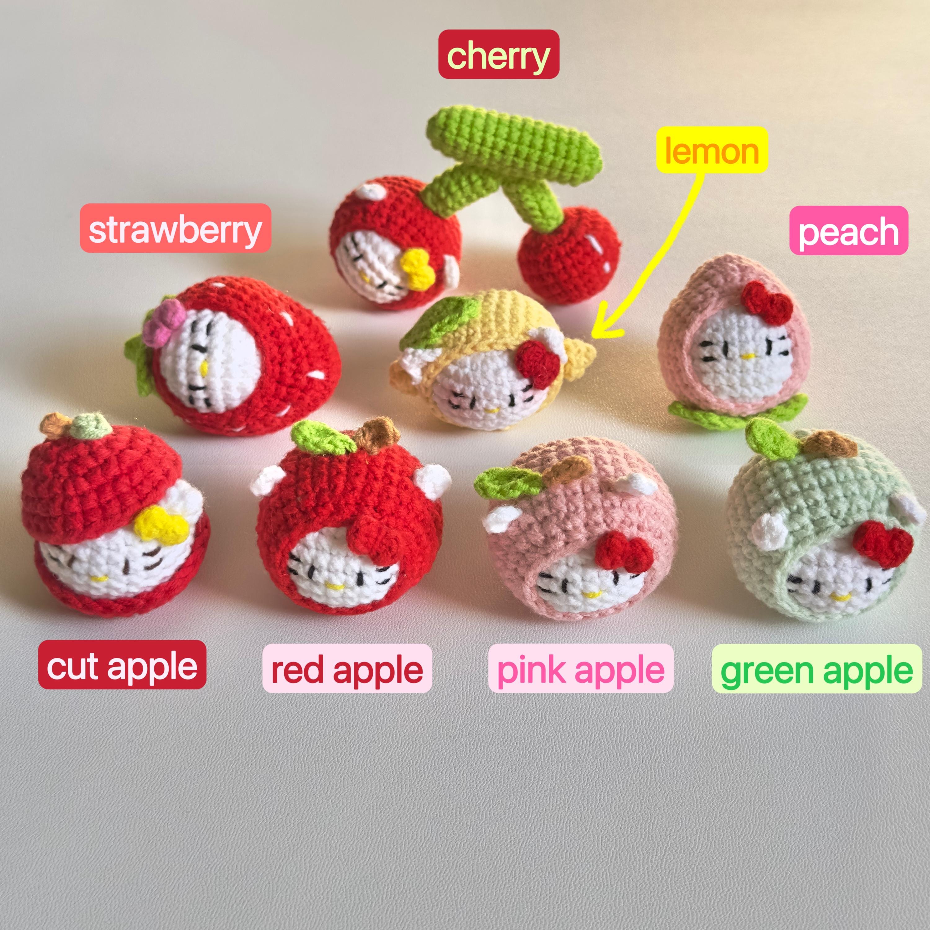 Hello Kitty Crochet Keychain – Kawaii Handmade Sanrio Fruit Animal Cake ...