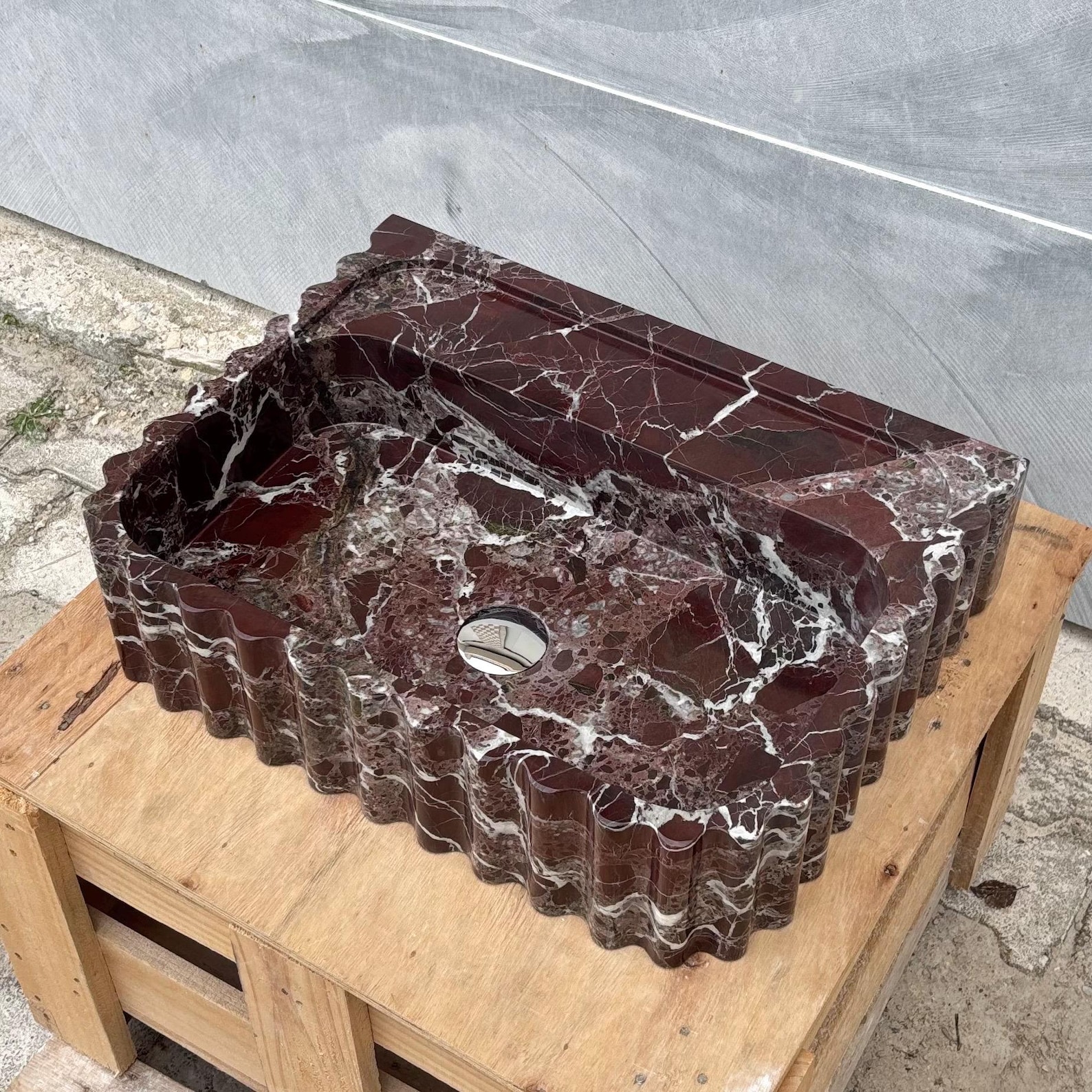 Rosso Levanto Marble Sink, Handcrafted Fluted Stone Basin, Luxury ...
