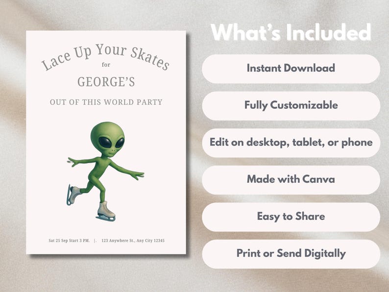 Alien Ice Skating Birthday Invitation • Space Party Invite • Editable ...