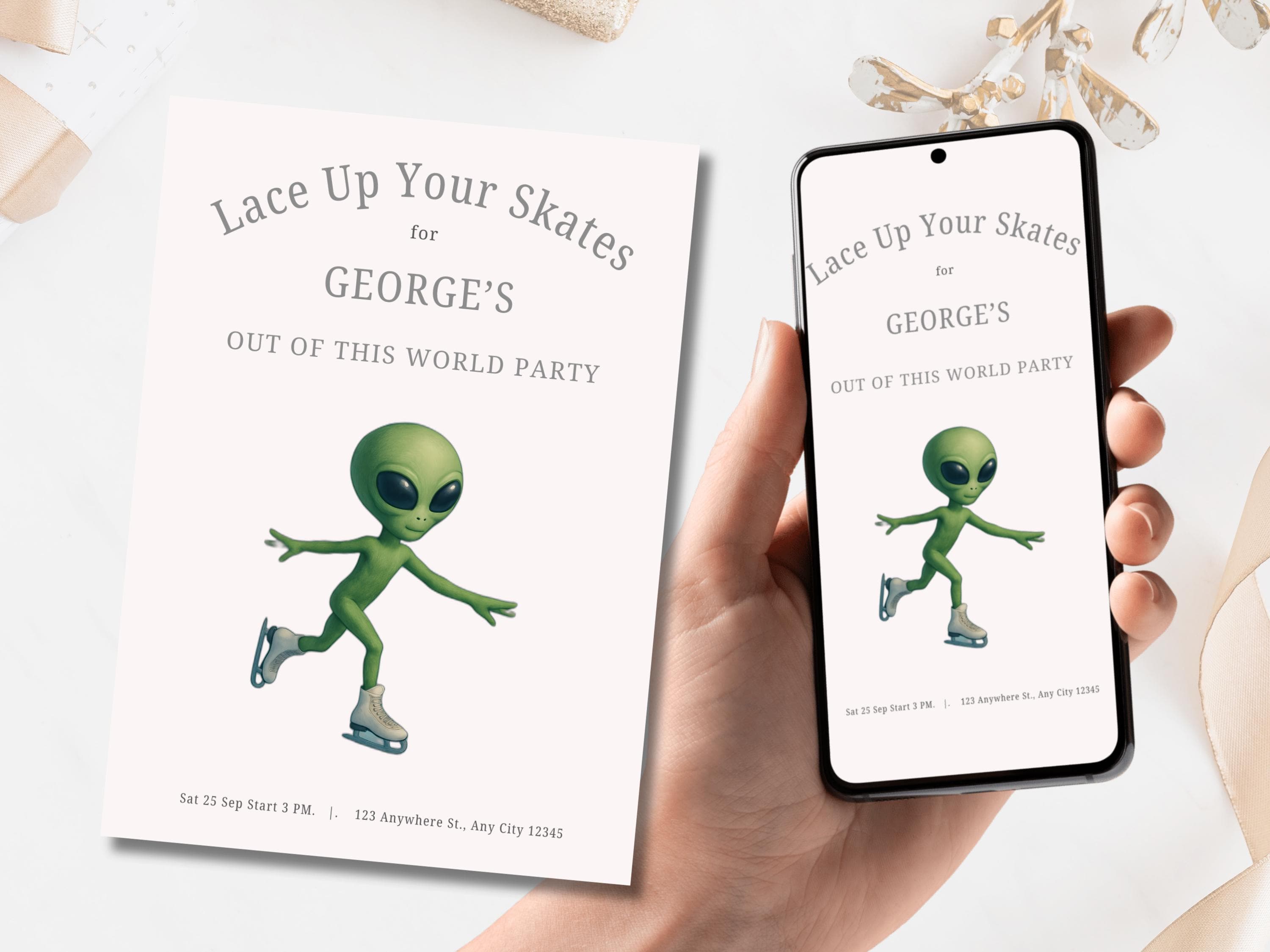 Alien Ice Skating Birthday Invitation • Space Party Invite • Editable ...