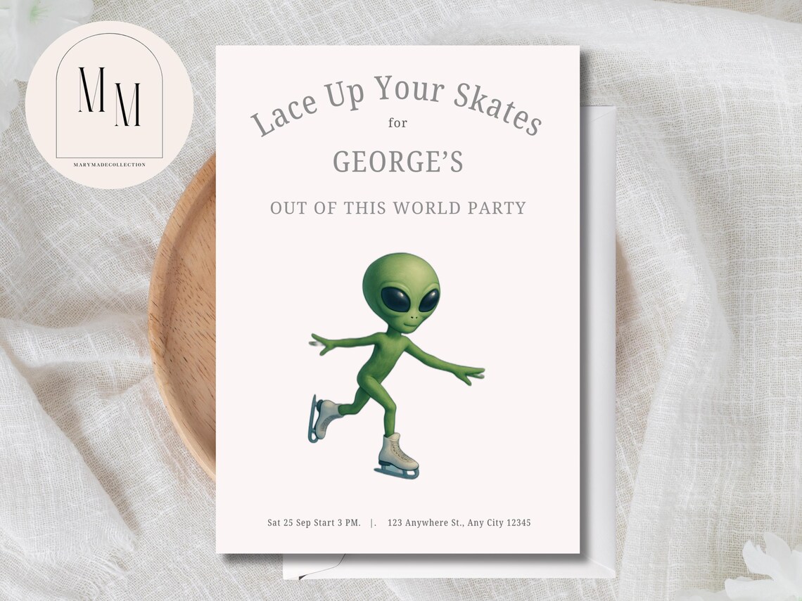 Alien Ice Skating Birthday Invitation • Space Party Invite • Editable ...