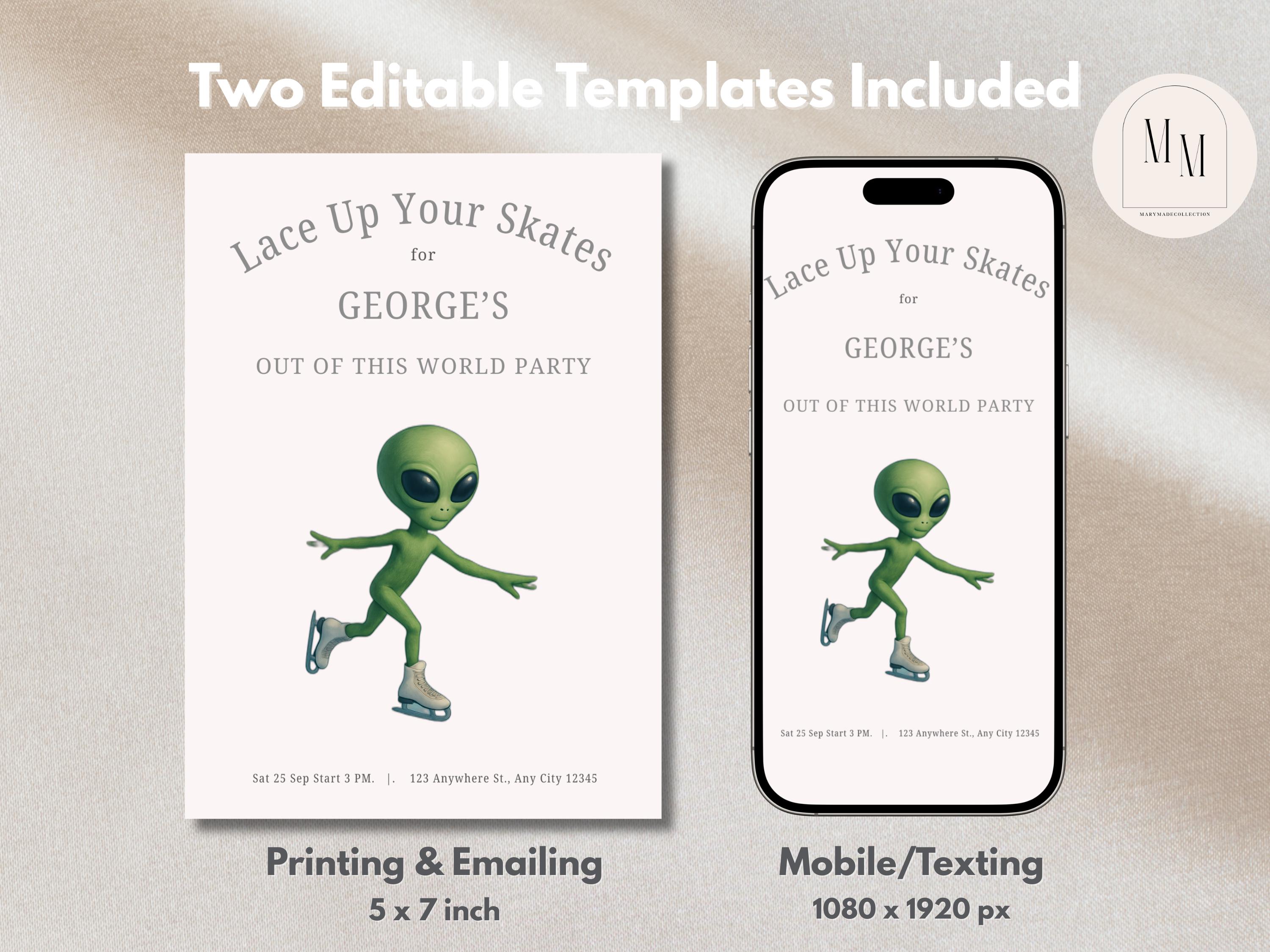 Alien Ice Skating Birthday Invitation • Space Party Invite • Editable ...