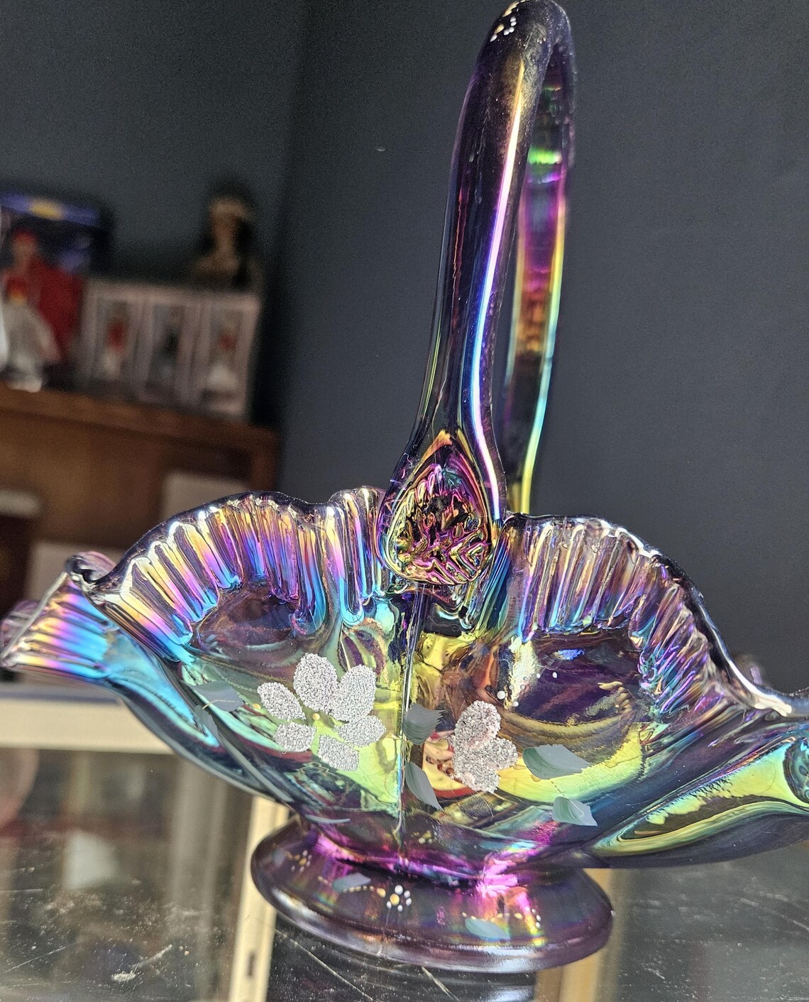 Fenton Handpainted Carnival Glass Basket - Etsy