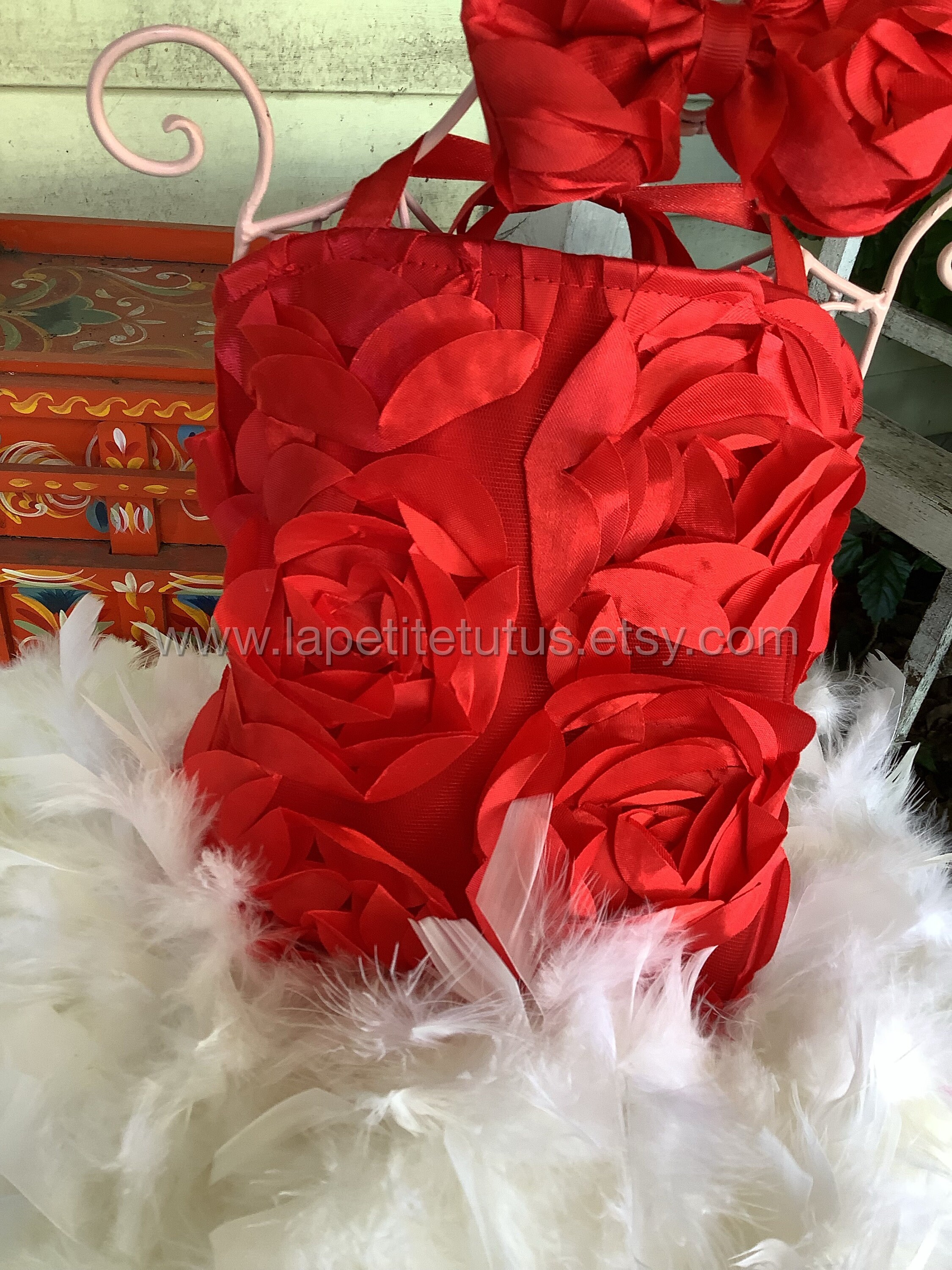 Red Silk Floral Girls Feather Pageant Dress With Matching Bow, Girls ...