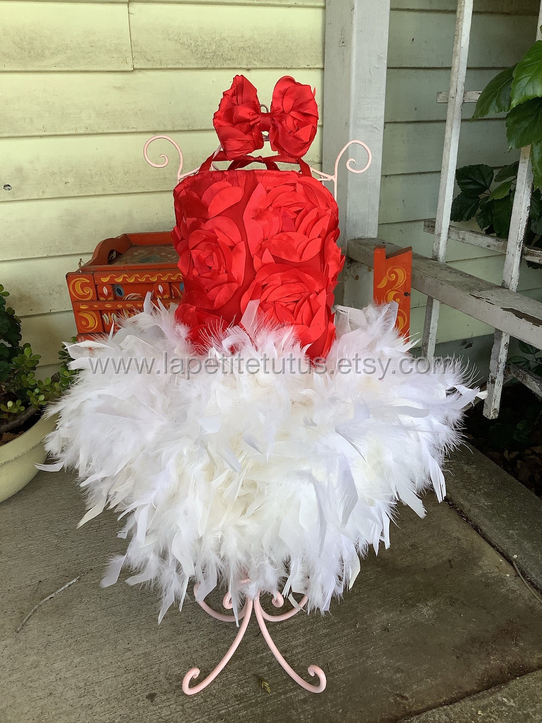 Red Silk Floral Girls Feather Pageant Dress With Matching Bow, Girls ...