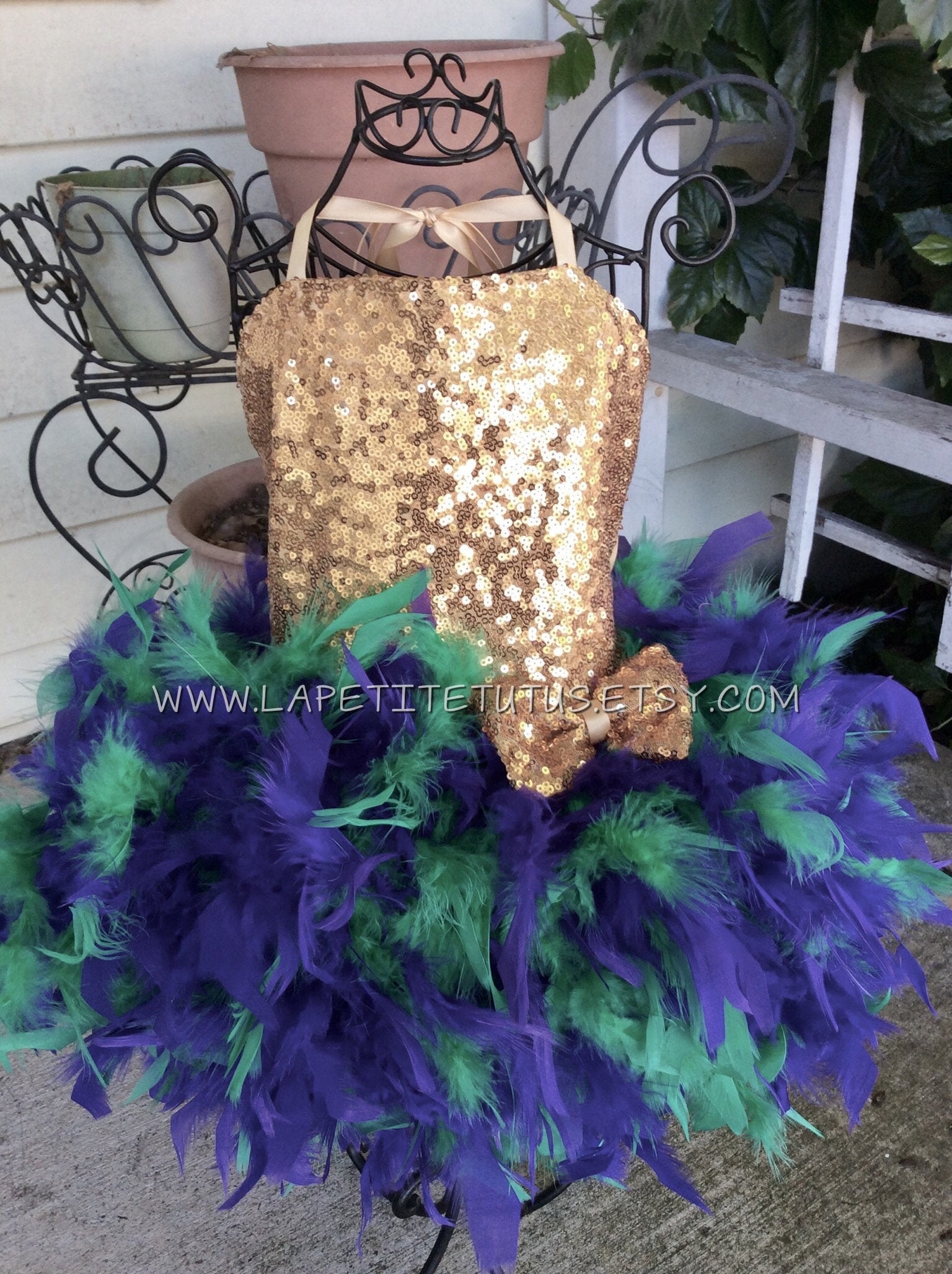 Mardi Gras Gold Sequin Satin Lined Girls Feather Pageant Dress, Girls ...