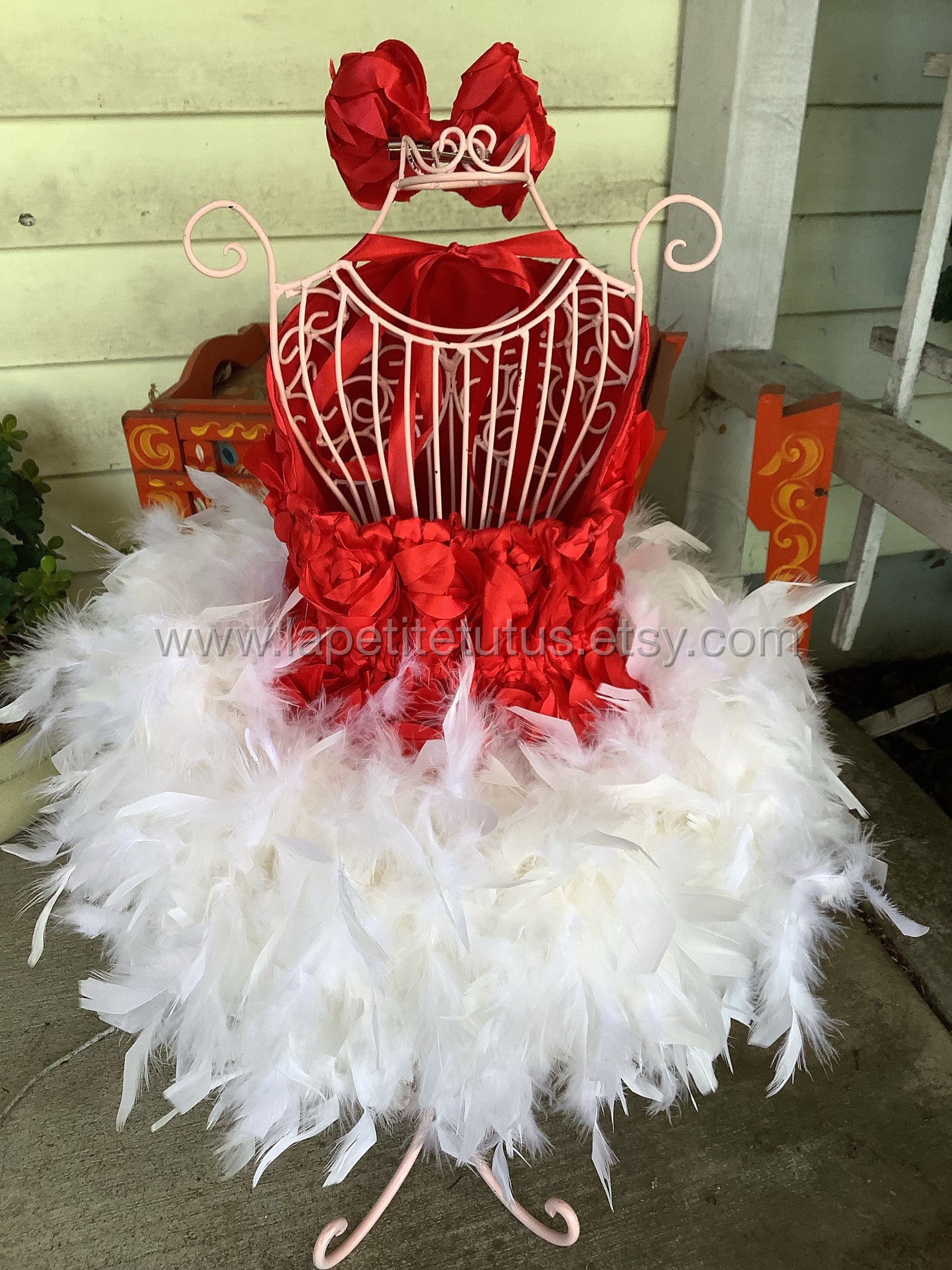 Red Silk Floral Girls Feather Pageant Dress With Matching Bow, Girls ...