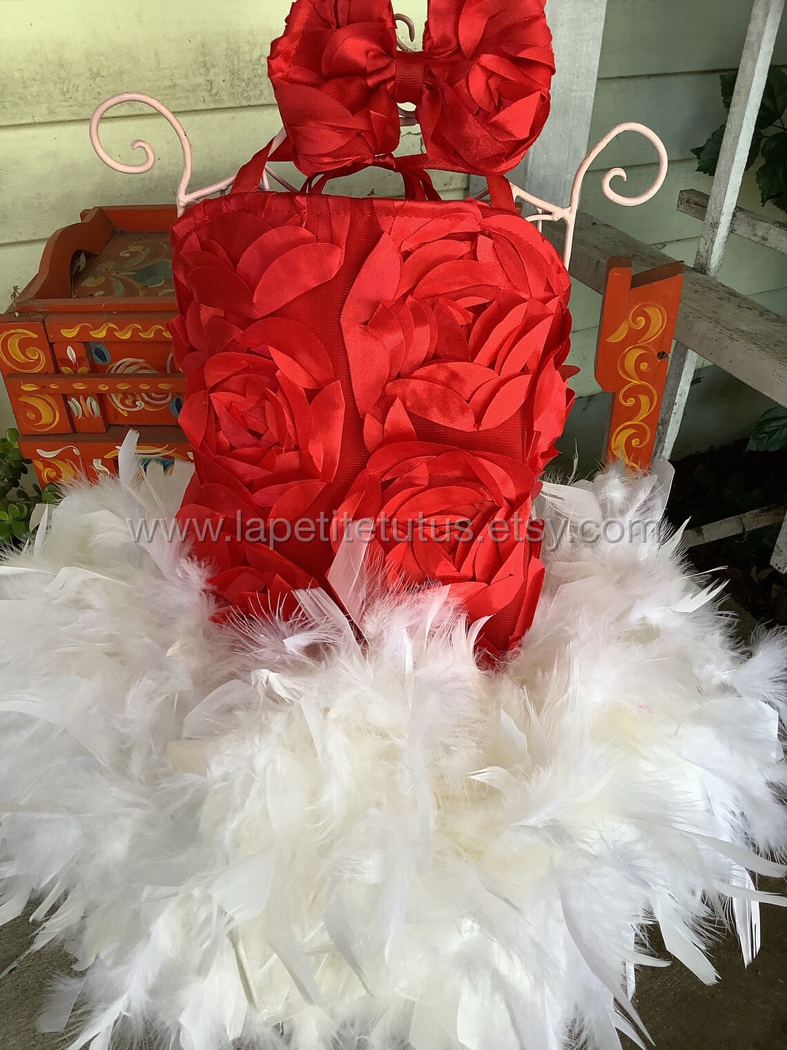 Red Silk Floral Girls Feather Pageant Dress With Matching Bow, Girls ...