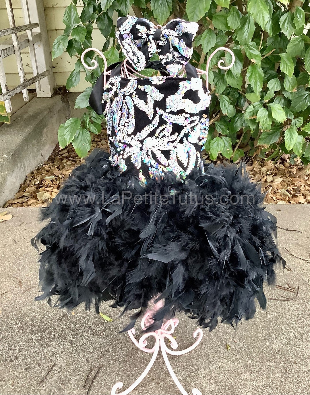 Girls Black Velvet Sequin Hi Low Feather Pageant Dress, Couture Dress ...