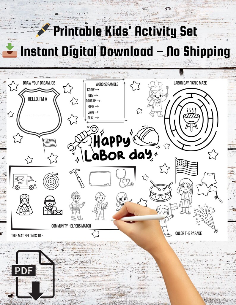 Labor Day Kids Coloring & Activity Placemat | Word Scramble, Parade ...