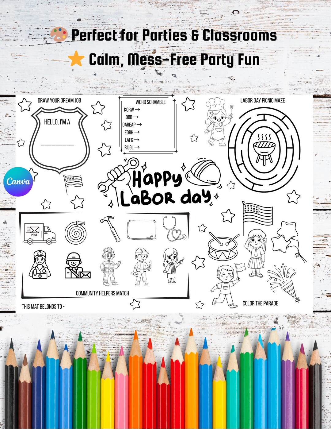 Labor Day Kids Coloring & Activity Placemat | Word Scramble, Parade ...