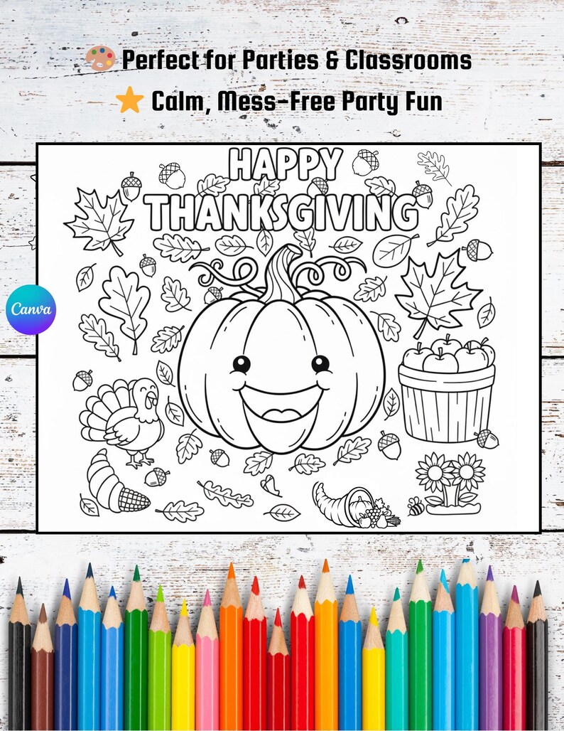 Happy Thanksgiving Coloring Page · Cute Pumpkin & Turkey · Kids Fall ...