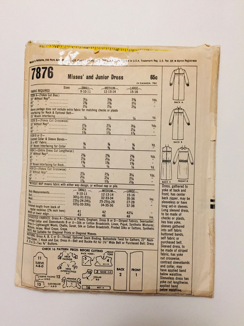 Mccalls 7876 1965 Misses Round Collar Dress With Yoke & - Etsy