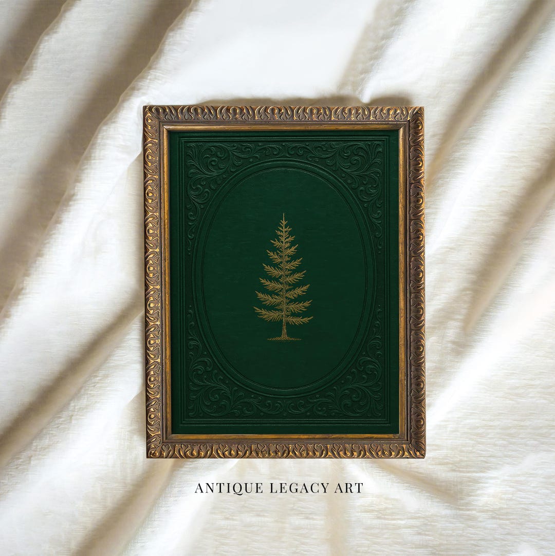 Antique Gold Winter Pine Tree Print: Green Leather Book Cover Wall Art ...