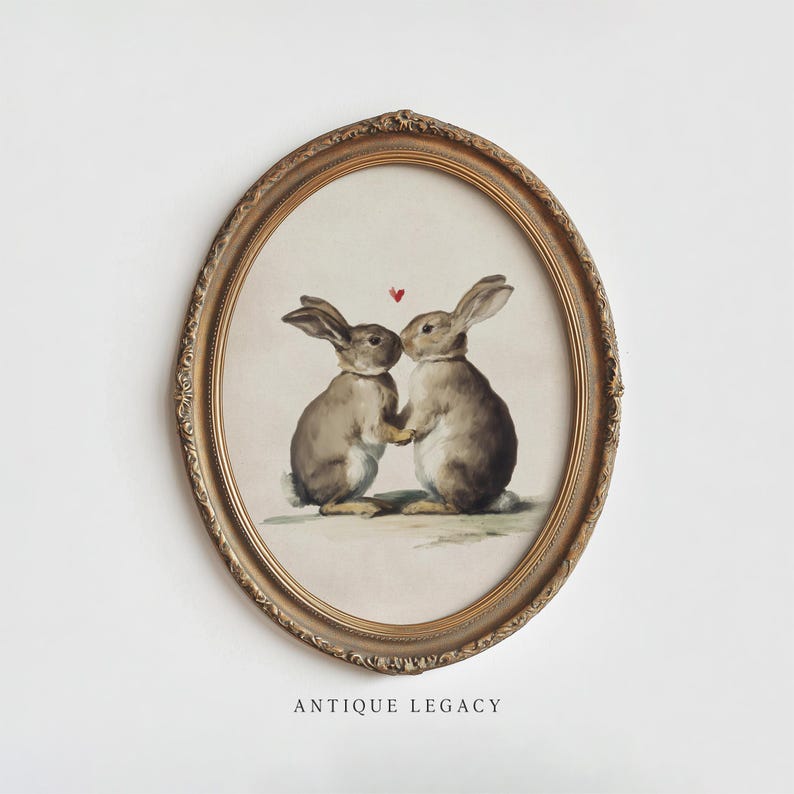 Valentine Bunny Couple Print, Romantic Animal Painting Wall Art ...