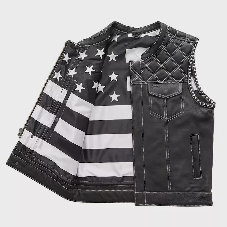 American Flag Lining Real Cowhide Leather Vest for Men - White Thread ...