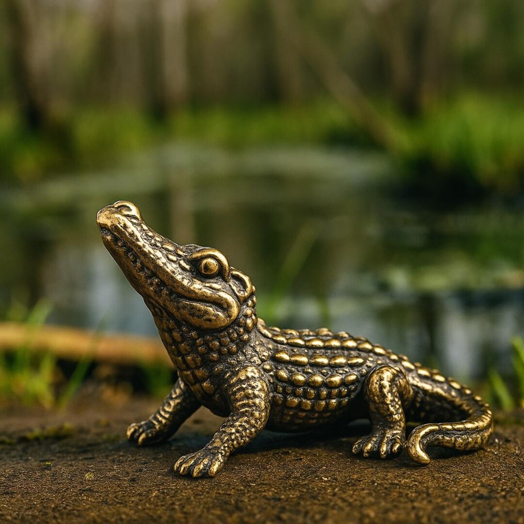 Mini Brass Crocodile Figurine With Open Mouth Handcrafted Reptile ...