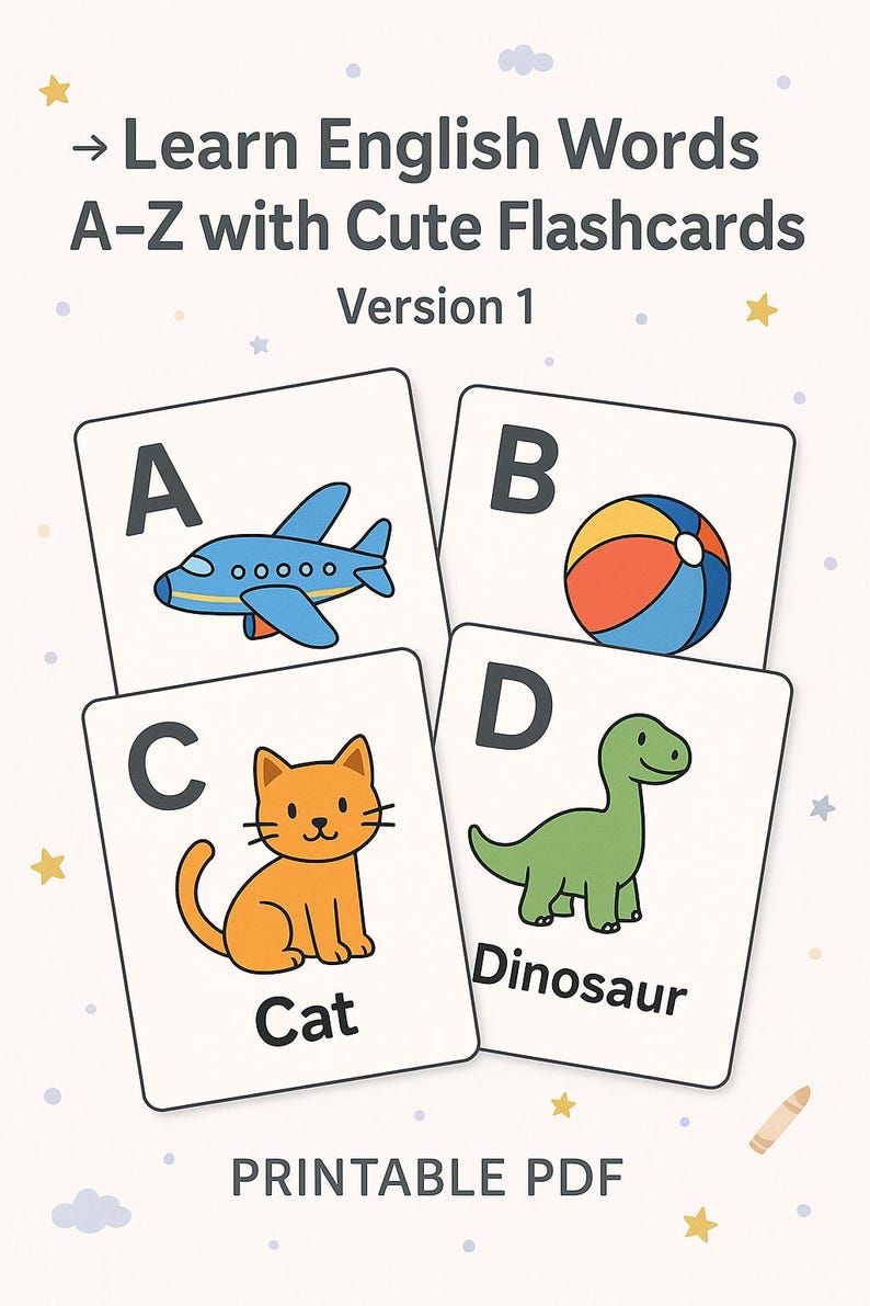 Printable A-Z Alphabet Flashcards for Kids | Cute English Word Learning ...
