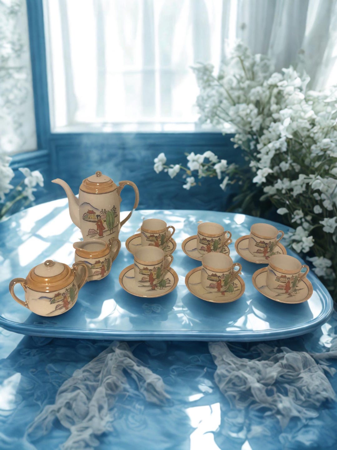 Vintage Japanese Geisha Tea Set | Hand-painted Porcelain | Gold Rim ...