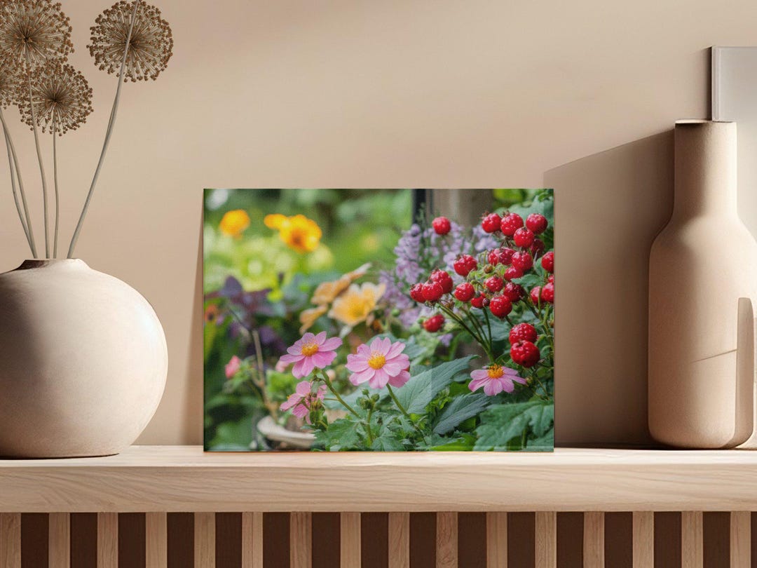 Floral Garden Digital Download, Pink Flowers, Red Berries, Vibrant ...
