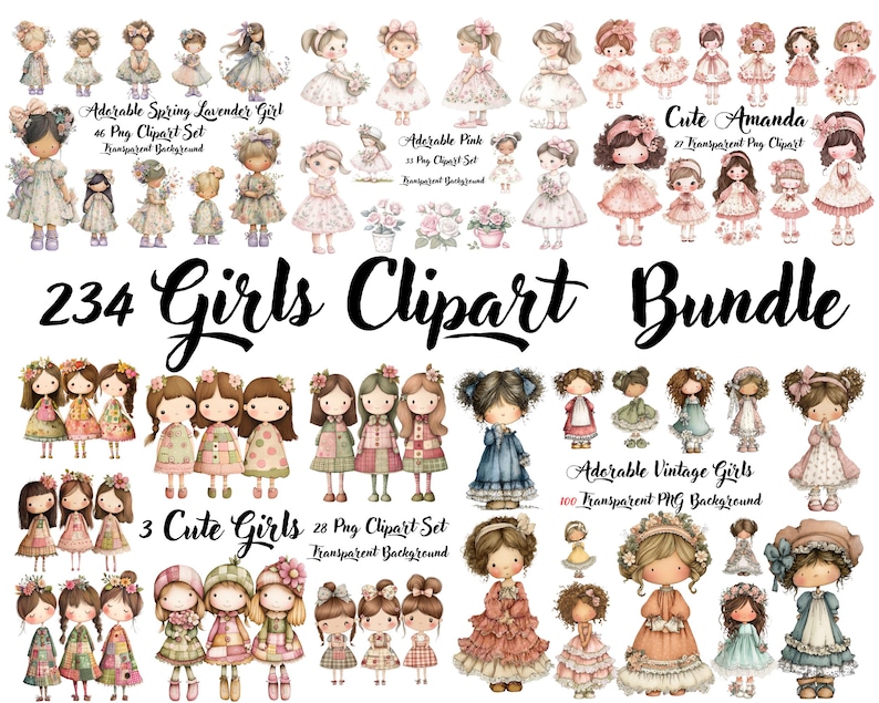 Watercolor Girls Clipart Bundle , Vintage Girls Clipart, Romantic Girls ...