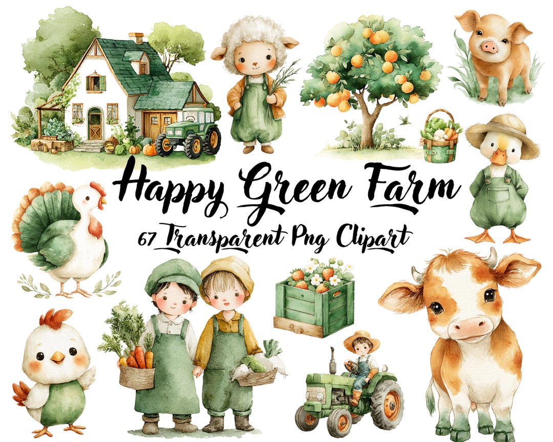 Watercolor Cute Farm Clipart, Cute Farm, Green Farm, Clipart, Boy, Girl ...