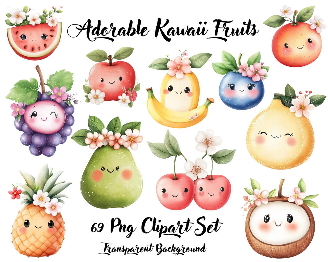 Cute Watercolor Kawaii Fruits Clipart, Cute Kawaii Fruits, Fruits ...