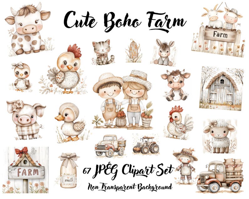 Cute Boho Farm Clipart Bundle, Farm Animals PNG, Rustic Country Kids ...