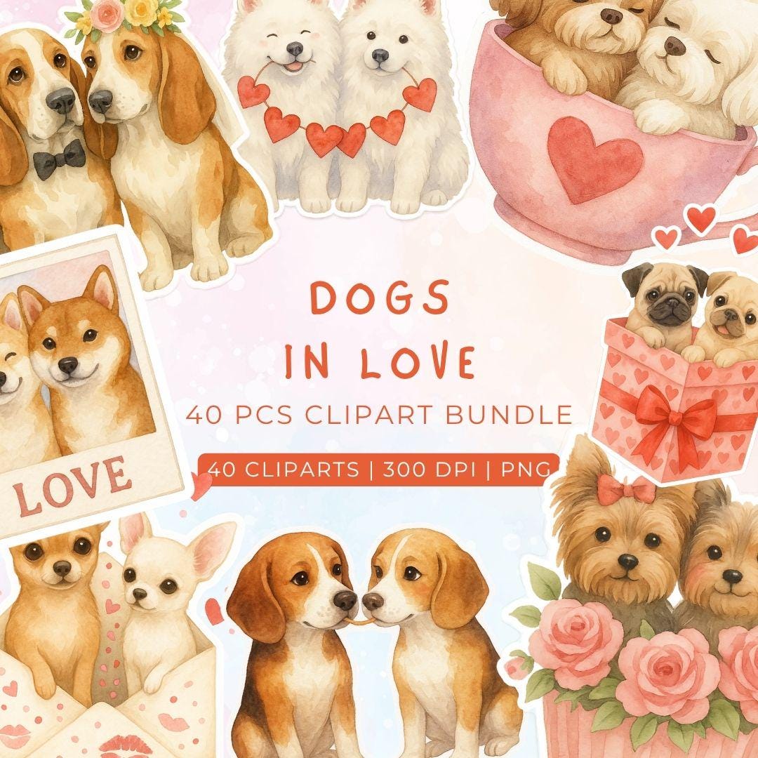 40 Dogs in Love Valentine Clipart Bundle | Watercolor Dog Couple ...