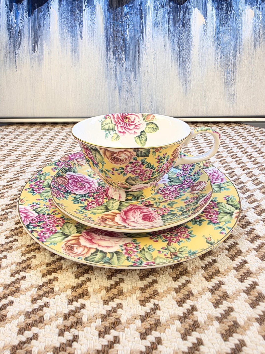 Edwardian Bone China Teacup Trio: Yellow Floral, Gold Trim, Vintage ...