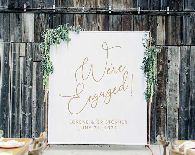 We're Engaged Backdrop in a Gold Script Font, Engagement Sign in Gold ...